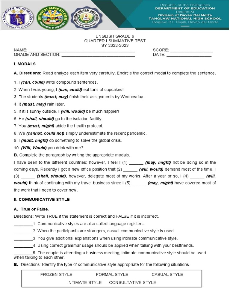 ENGLISH GRADE 9 Summative Test | PDF