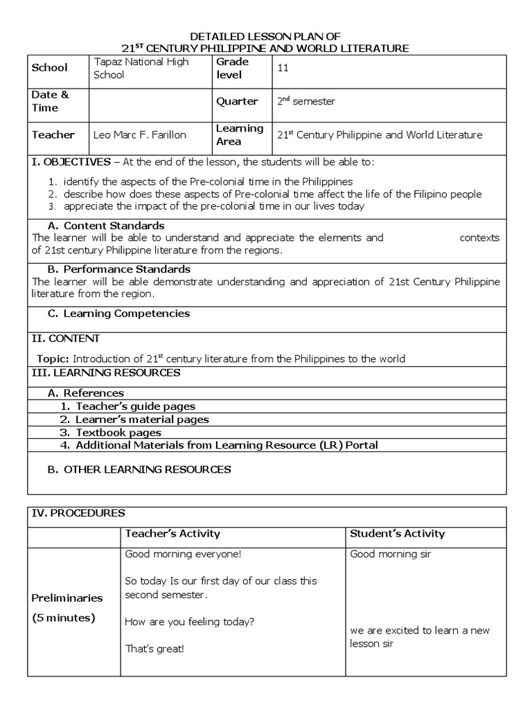 21st Century Philippine Literature Lesson Plan | PDF | Learning ...