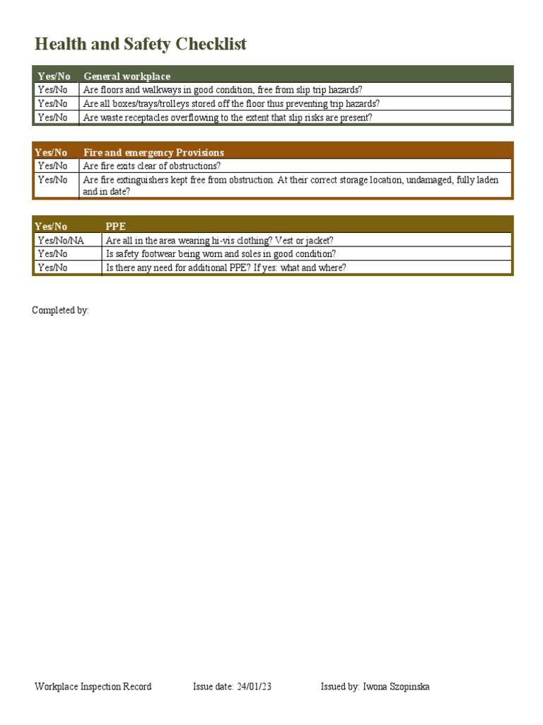 H&S Checklist The End of A Day by Department | PDF