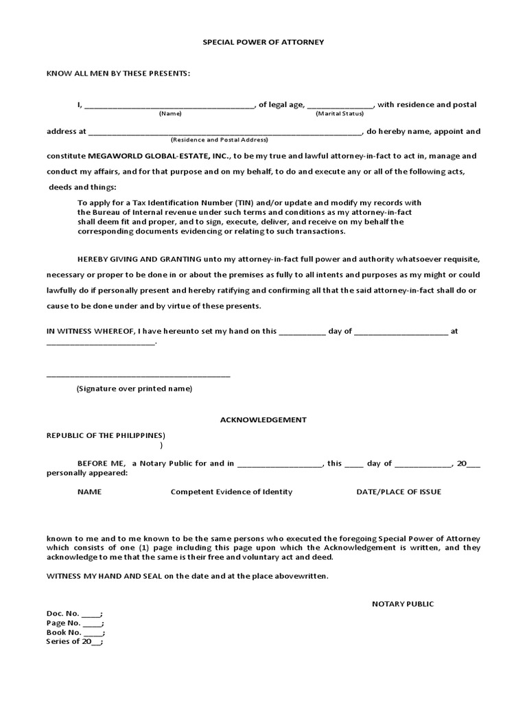 SPA Application of TIN | PDF | Power Of Attorney | Notary Public