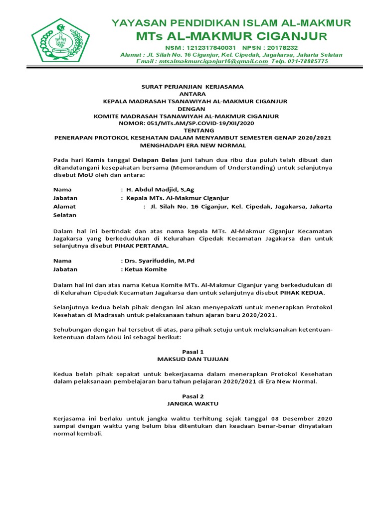 Contoh SURAT PERJANJIAN BERSAMA KOMITE MADRASAH | PDF