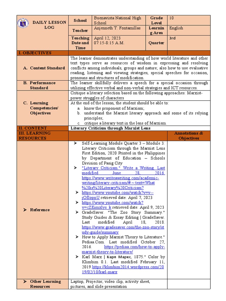 Marxist Literary Criticism Lesson Plan | PDF | Learning | Curriculum