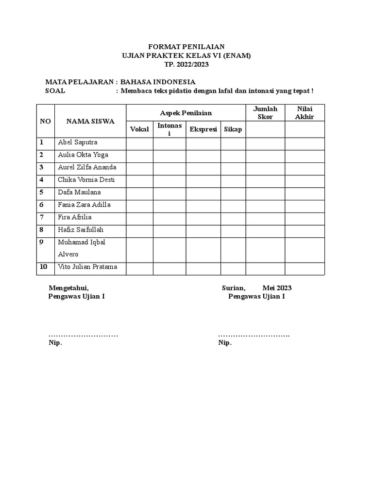 Format Penilaian Ujian Praktek KLS Vi | PDF