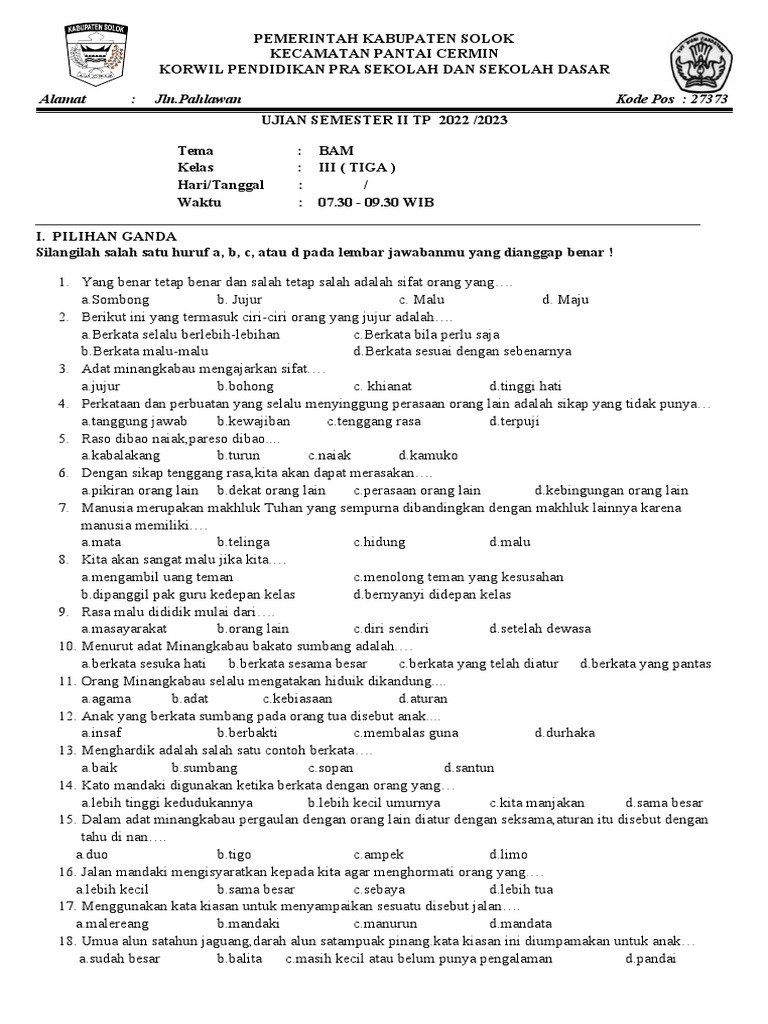 SOAL BAM Kls 3 Semester 2 TA.2023 | PDF