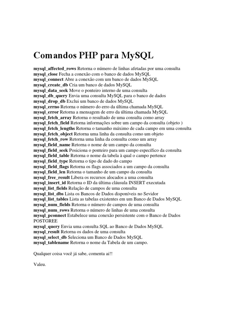 Comandos PHP para MySQL | PDF | Php | Tipo de dados