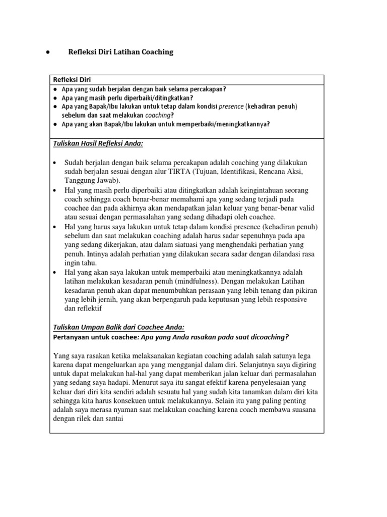 5 Lembar Refleksi Diri Latihan Coaching | PDF