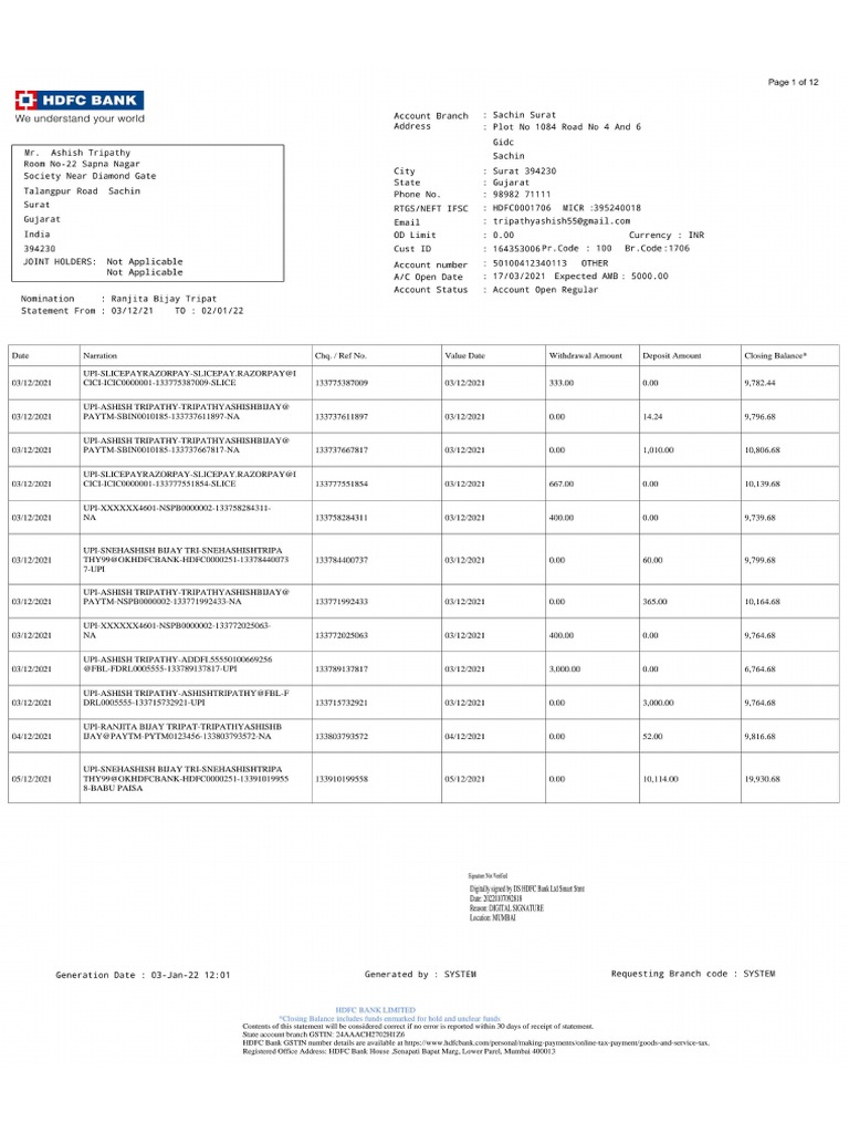 HDFC Bank Statement 1 | PDF