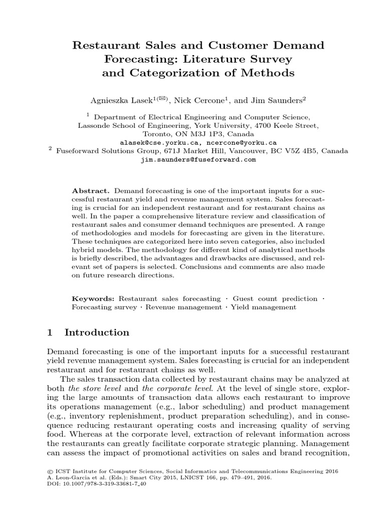 Restaurant Sales and Customer Demand Forecasting: Literature Survey and ...