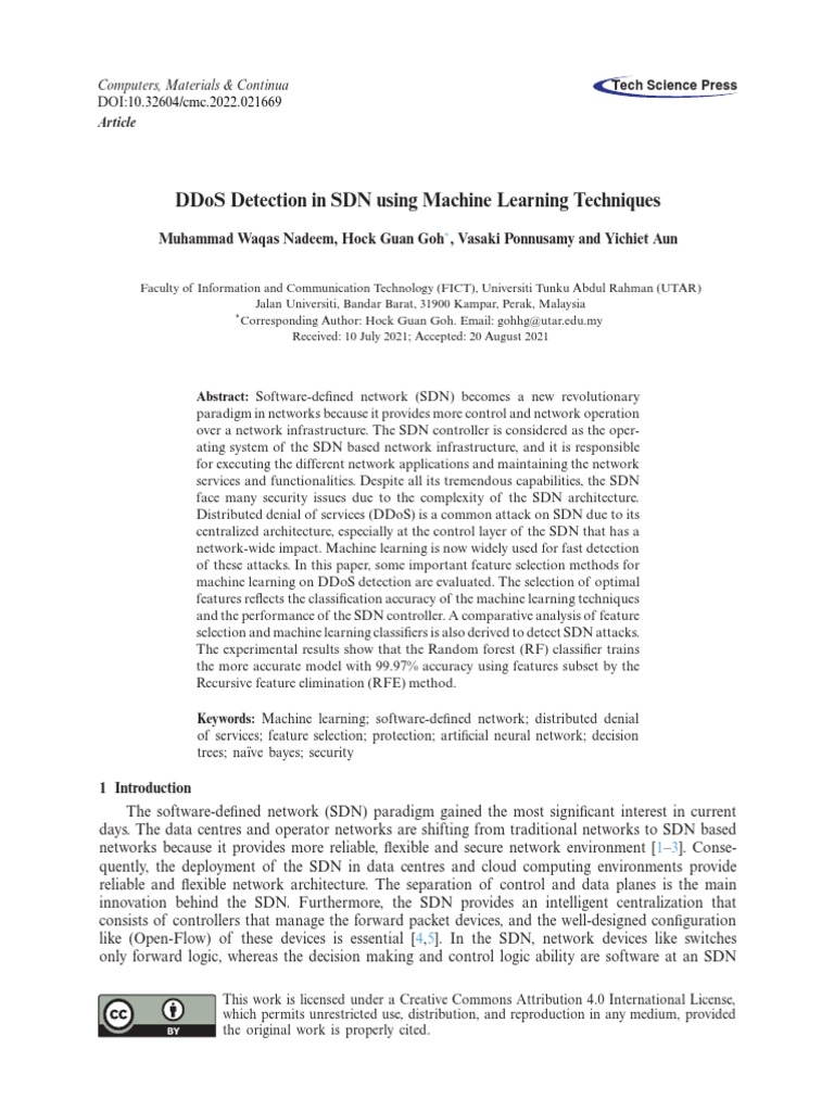DDoS Detection in SDN Using Machine Learning Techniques | PDF