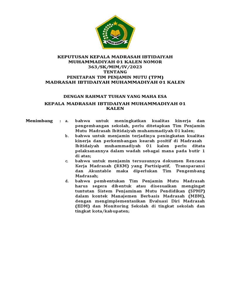 Contoh Format SK Tim Penjaminan Mutu Madrasah1 FIX | PDF