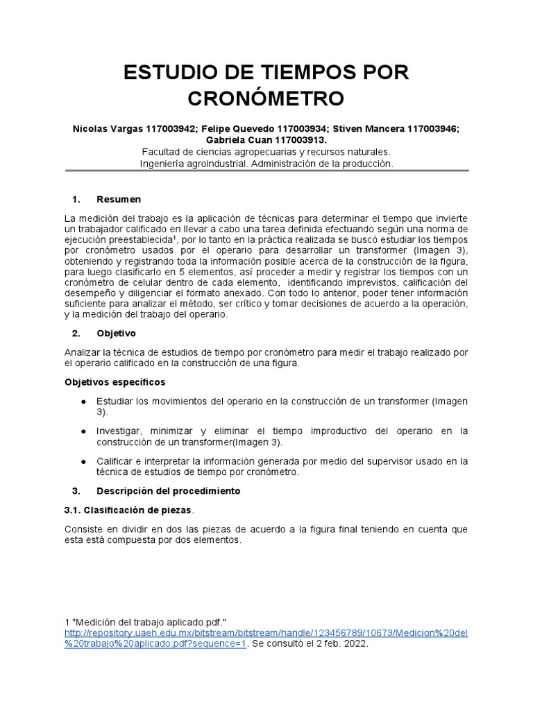 Estudio De Tiempos Por Cronometro Pdf