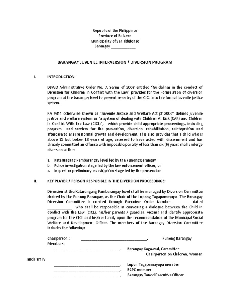 Barangay Juvenile Intervention Diversion Program | PDF | Parenting | Crime & Violence