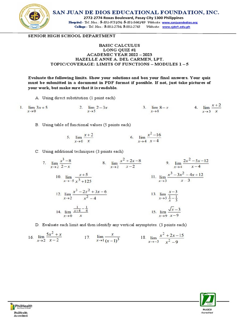 Basic Calculus Long Quiz | PDF