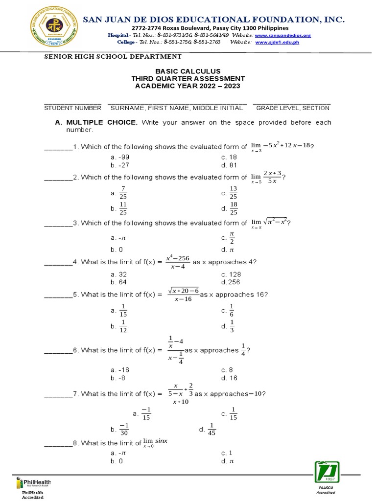 Basic Calculus Quarterly Examination | PDF
