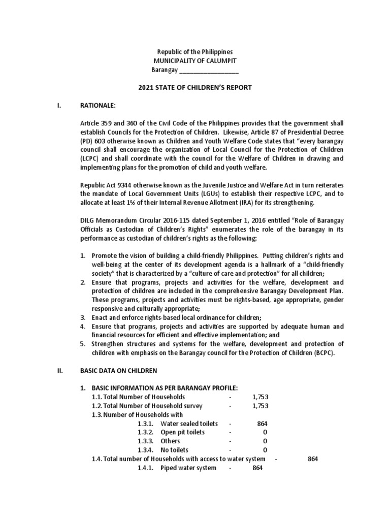 Sample State of Childrens Report | PDF | Children's Rights | Household