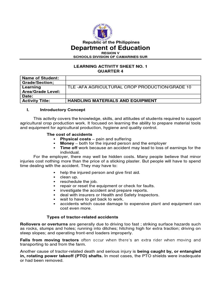ACP Grade 10 Q4W1 | PDF | Tractor | Personal Protective Equipment