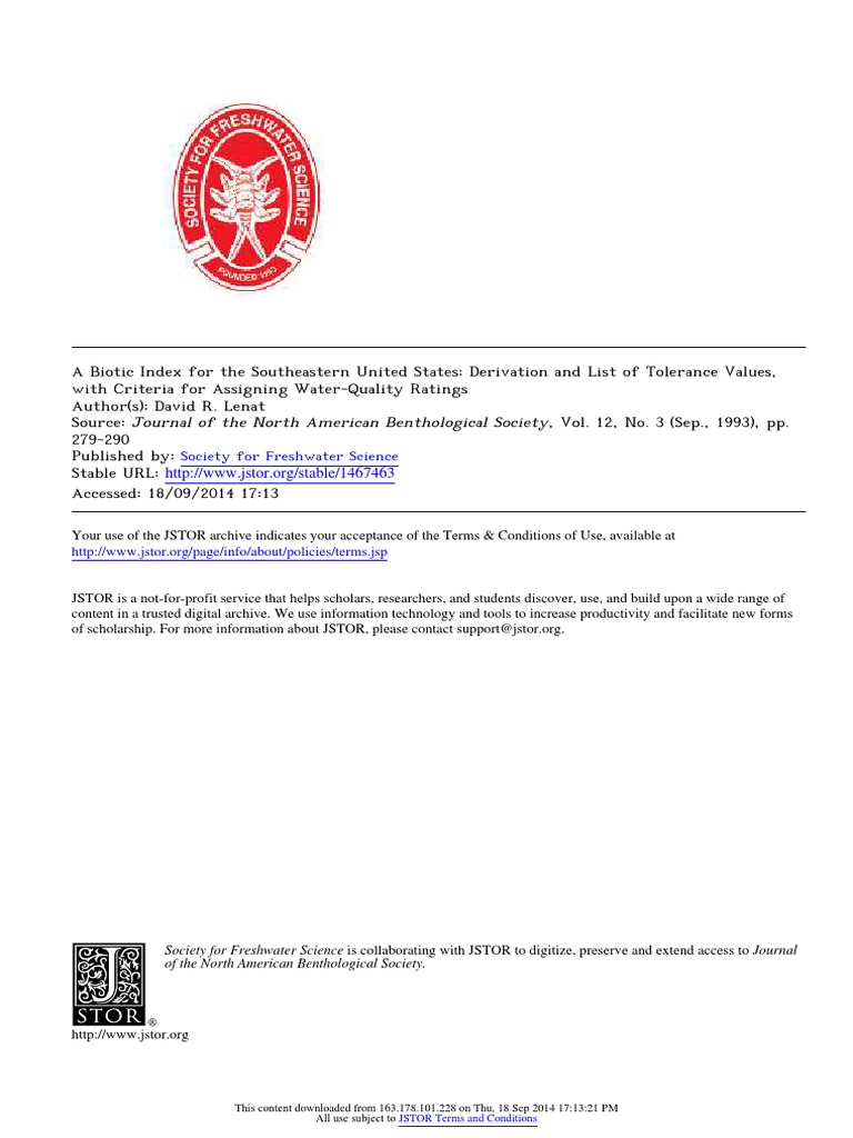 Southeastern US Biotic Index and Tolerance Values | PDF | Percentile ...