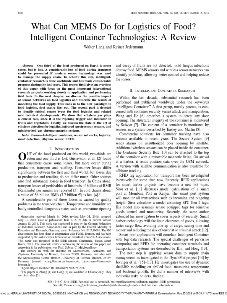 What Can MEMS Do For Logistics of Food Intelligent Container Technologies A Review | PDF ...