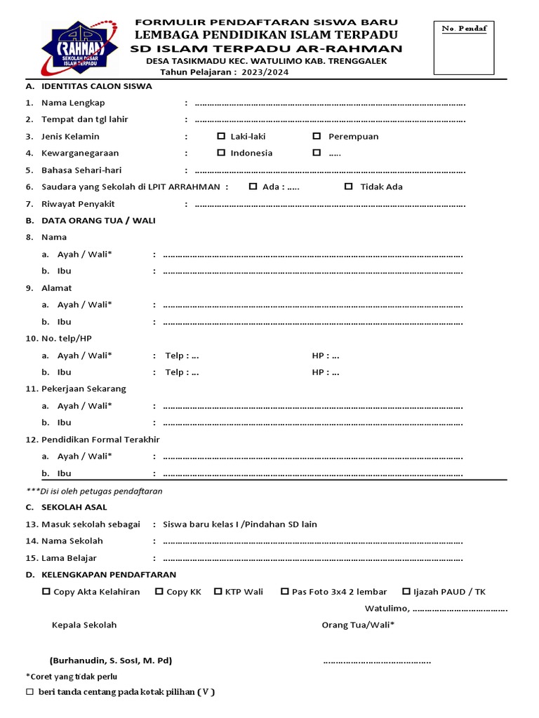 Formulir Pendaftaran TK 2024 | PDF