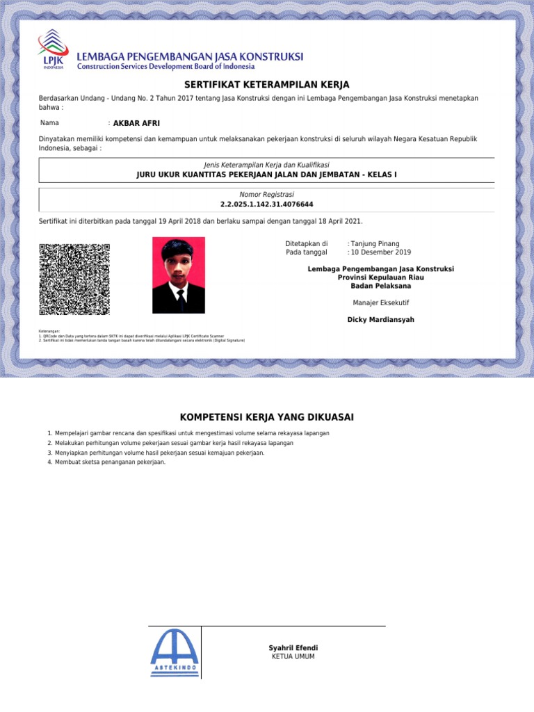 Sertifikat Juru Ukur Quantitas Pek. Jalan Dan Jembatan | PDF