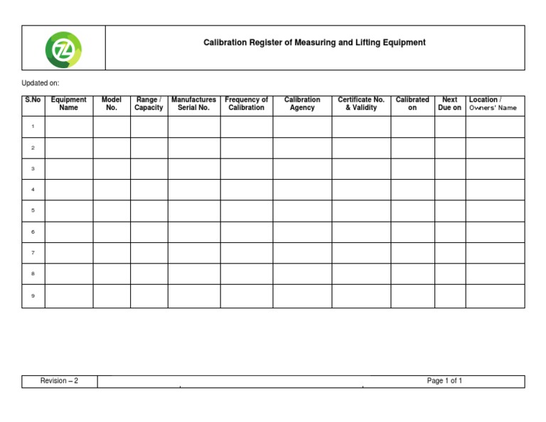 PE - Calibration Register of Measuring and Lifting Equipment | PDF