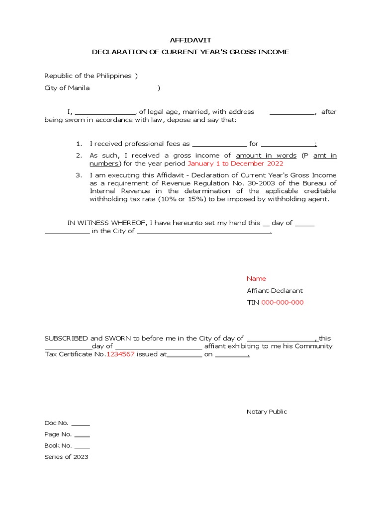 Affidavit of Gross Income Current Year | PDF