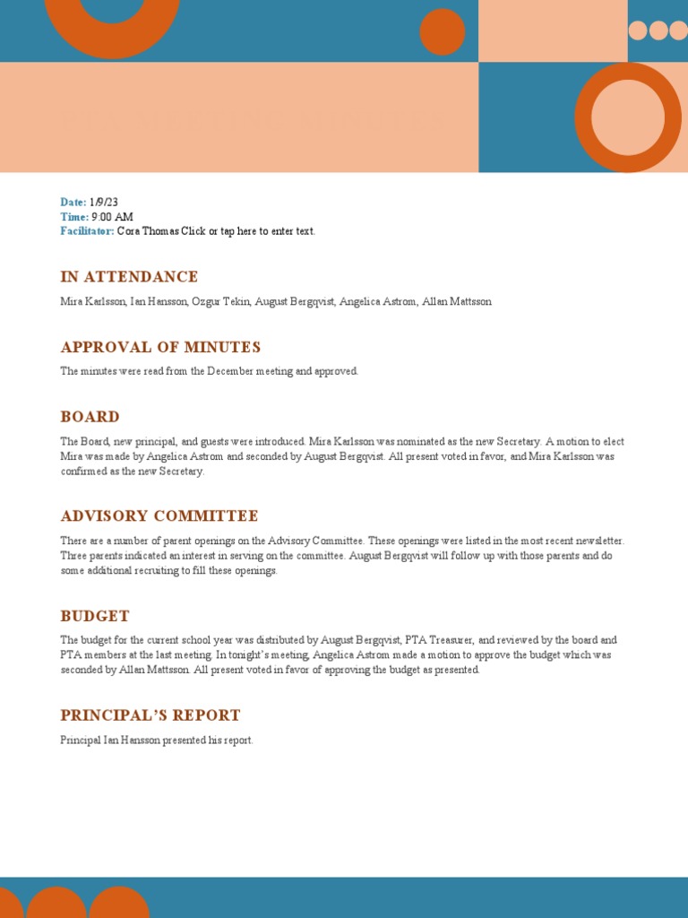 Pta Meeting Minutes Pdf