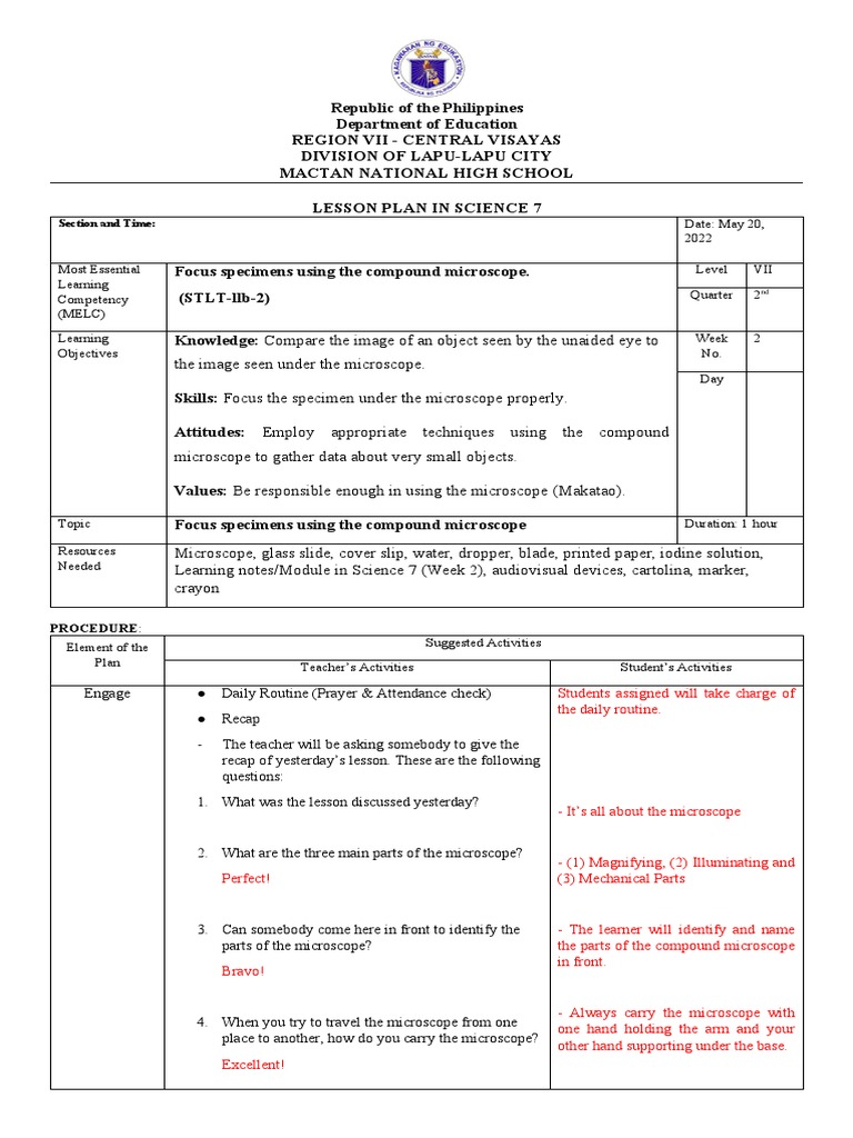 Lesson Plan in Microscopy (COT1) | PDF | Microscope | Optics