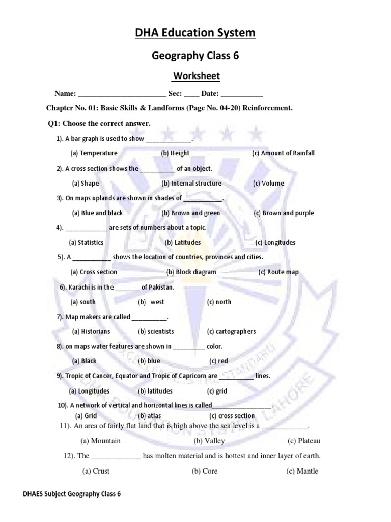 Class 6 Geography Worksheet: Skills & Landforms | PDF | South Asia | Earth