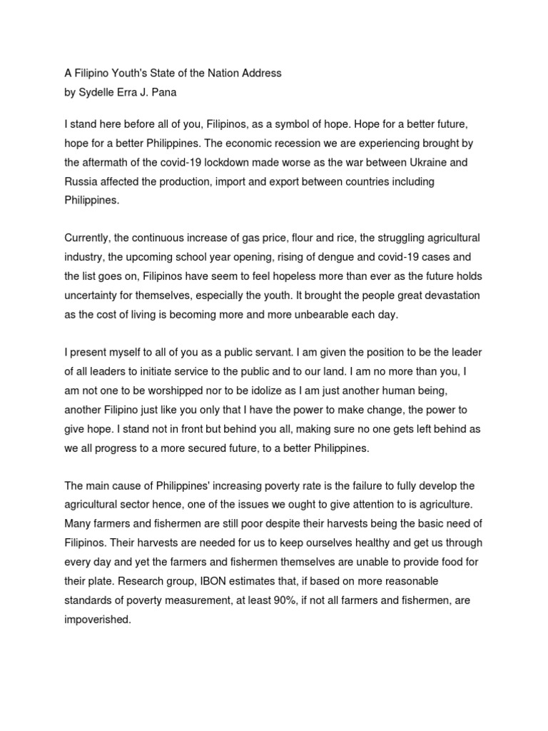 A Filipino Youth S State Of The Nation Address Pdf Cost Of Living