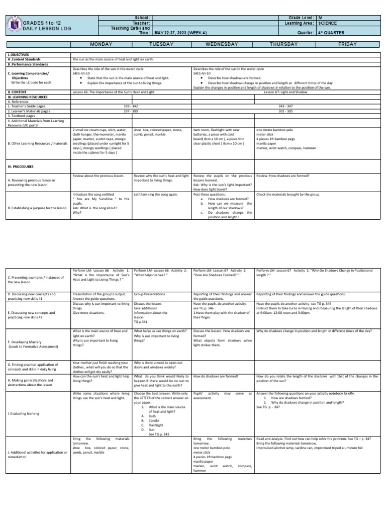 Science 4 - Q4 - W4 DLL | PDF | Shadow | Differentiated Instruction