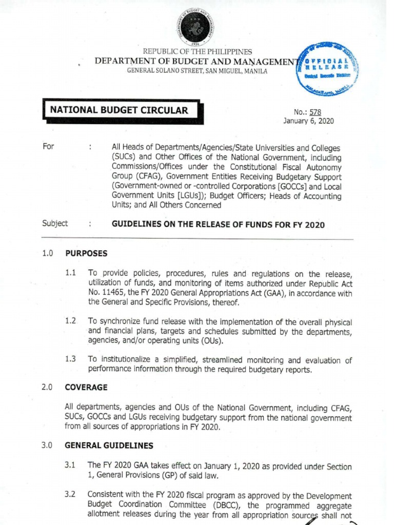 National Budget Circular No 578 Dated January 6 2020 | PDF