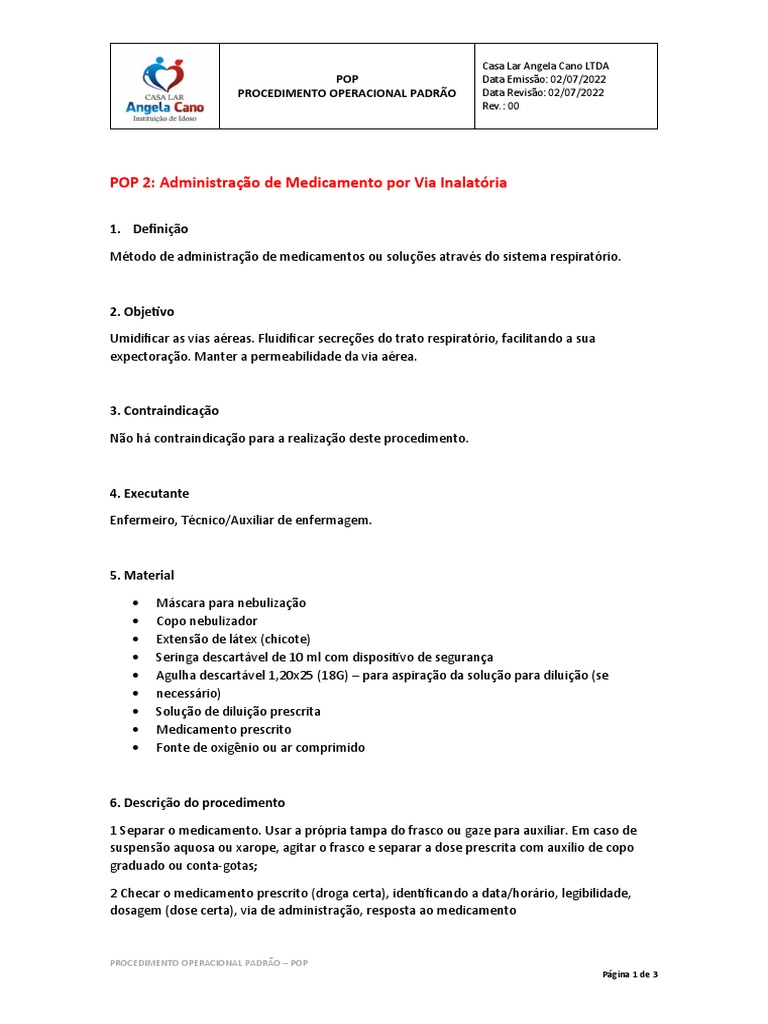 POP 02 - Administração de Medicamento Por Via Inalatória | PDF