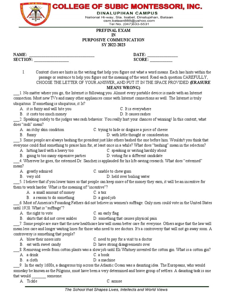 PREFINAL EXAM PURPOSIVE COMMUNICATION | PDF | Word | Definition