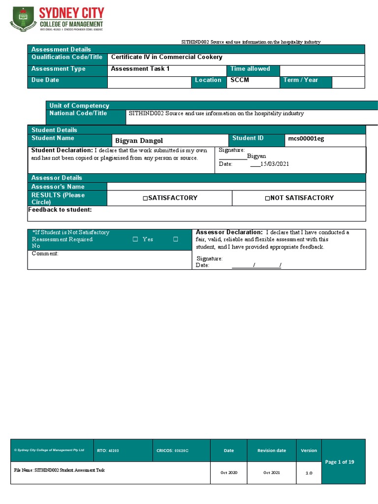 SITHIND002 Bigyan S Assessment Task 1 | PDF | Safety | Quality Assurance