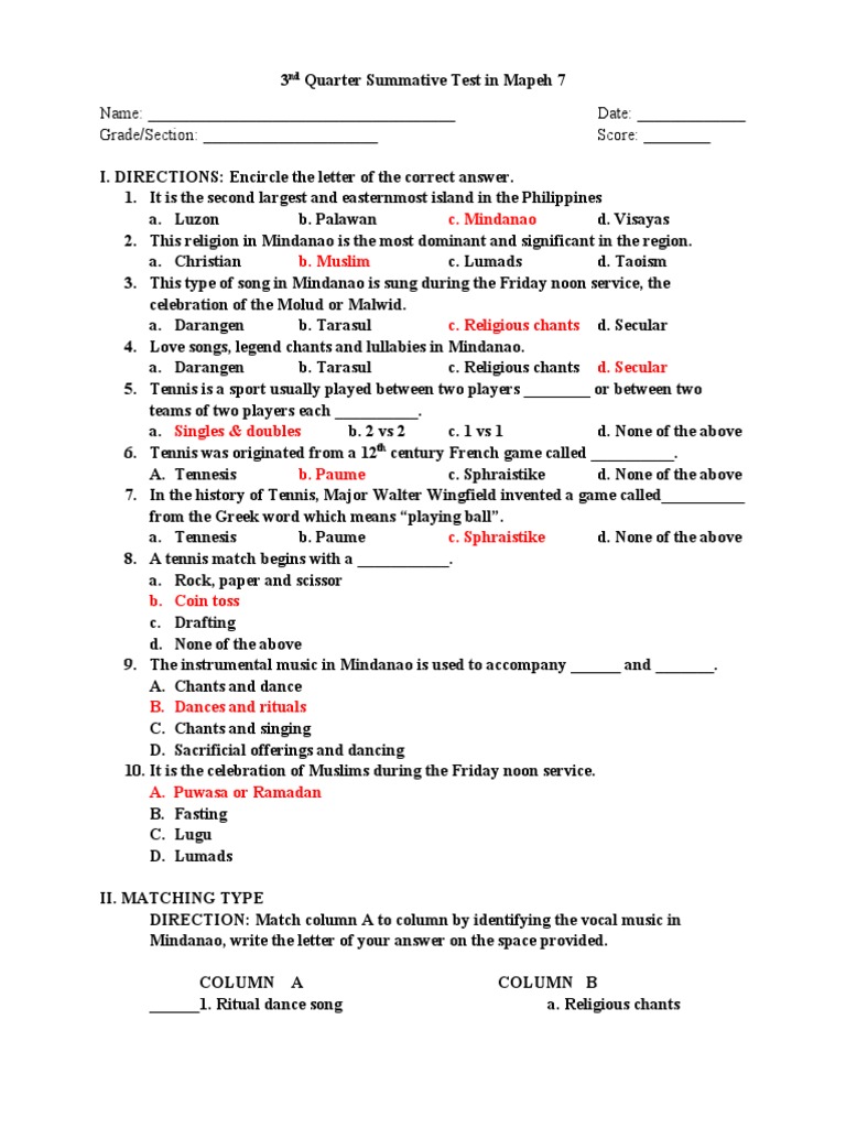 Mapeh 7 Q3 Summative Test Pdf
