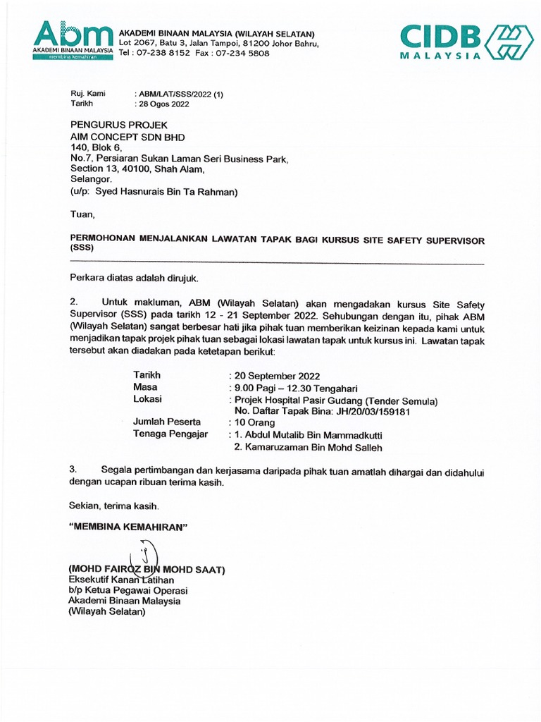 Surat Makluman Lawatan Tapak | PDF