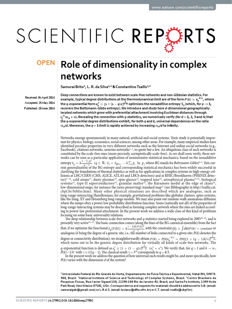 Role of Dimensionality in Complex Networks | PDF | Applied Mathematics | Physical Sciences