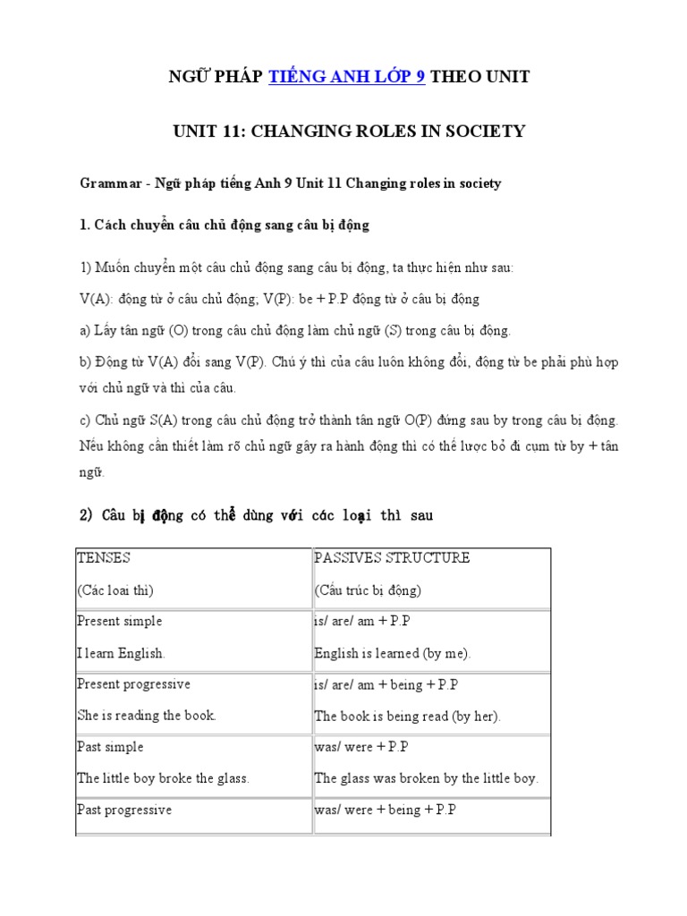 Tu Vung Ngu Phap Tieng Anh Lop 9 Chuong Trinh Moi Unit 11 Changing Roles in Society | PDF ...