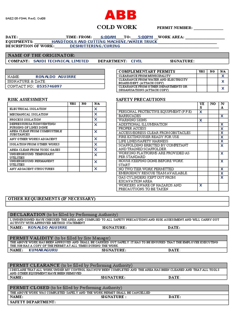 Deshuttering Work Permit Details | PDF | Workplace | Working Conditions