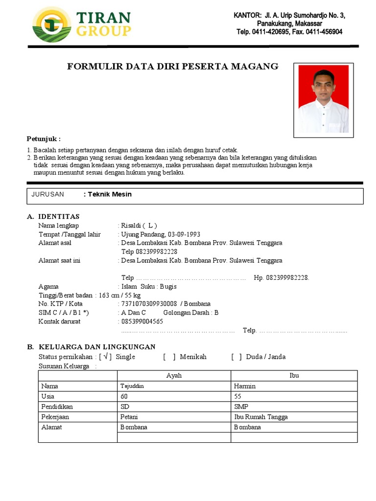 Form Data Diri Calon Magang - Tiran Group | PDF