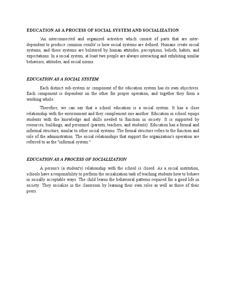 Education As A Process of Social System and Socialization | PDF