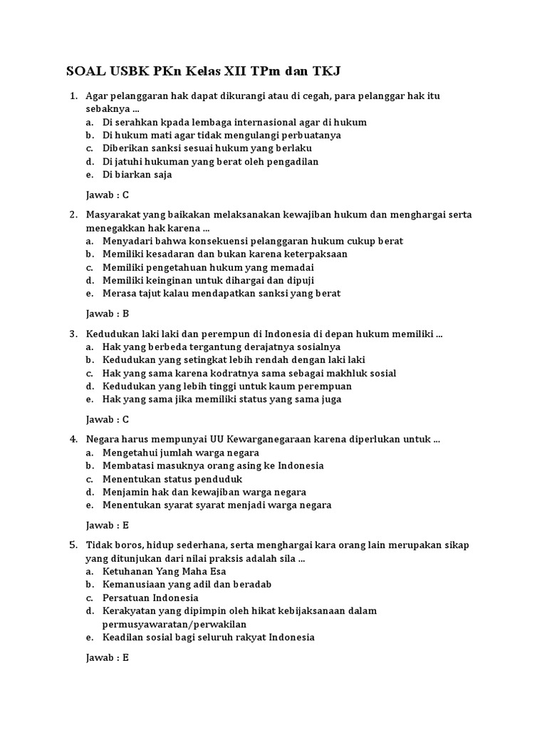 SOAL UJIAN PKN KELAS XII TKJ Dan TPM 2023 | PDF