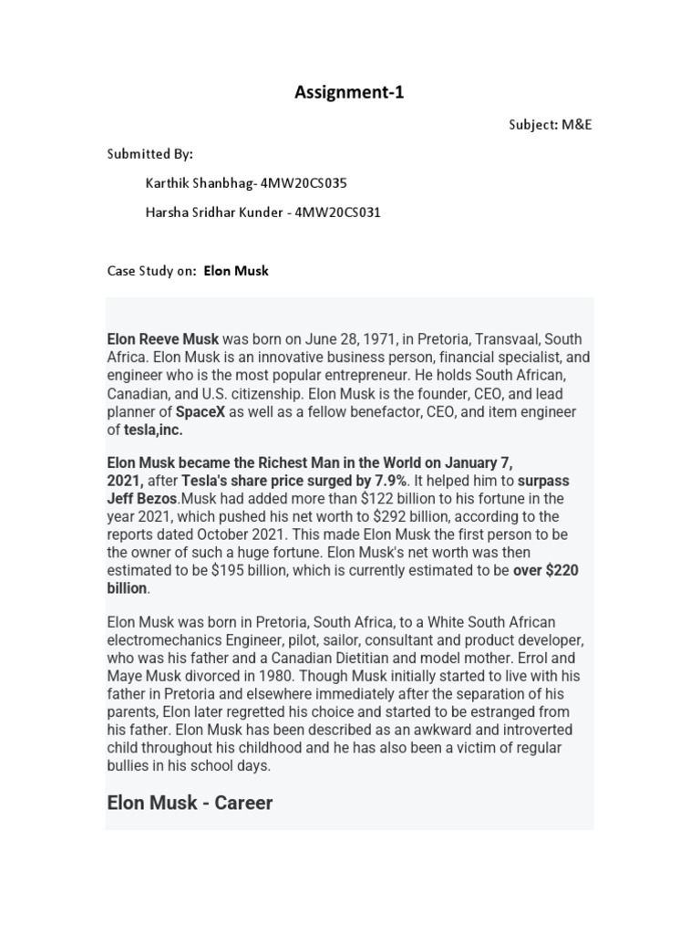 Assignment Elonmusk | PDF | Space X | Elon Musk