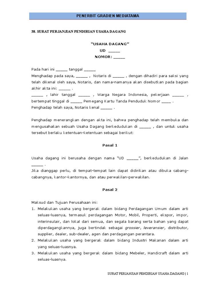 38. Surat Perjanjian Pendirian Usaha Dagang | PDF