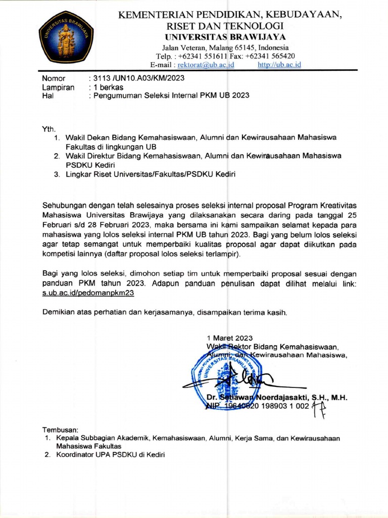 Rekap Lolos Seleksi PKM Internal Ub 23 | PDF