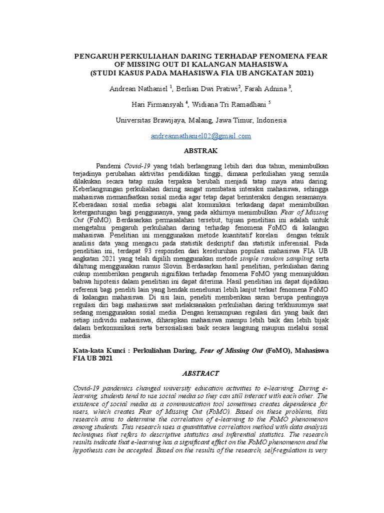 Dampak Kuliah Daring pada FoMO Mahasiswa | PDF