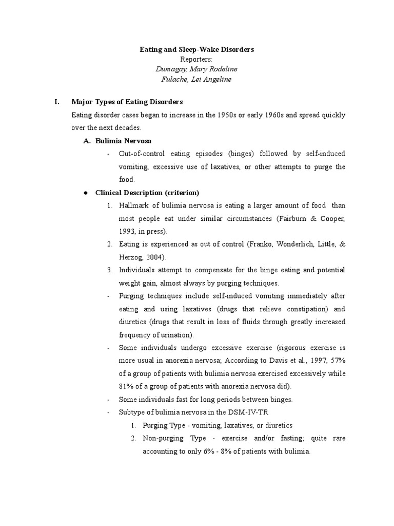 Eating and Sleep-Wake Disorders Handout-1 | PDF | Bulimia Nervosa ...