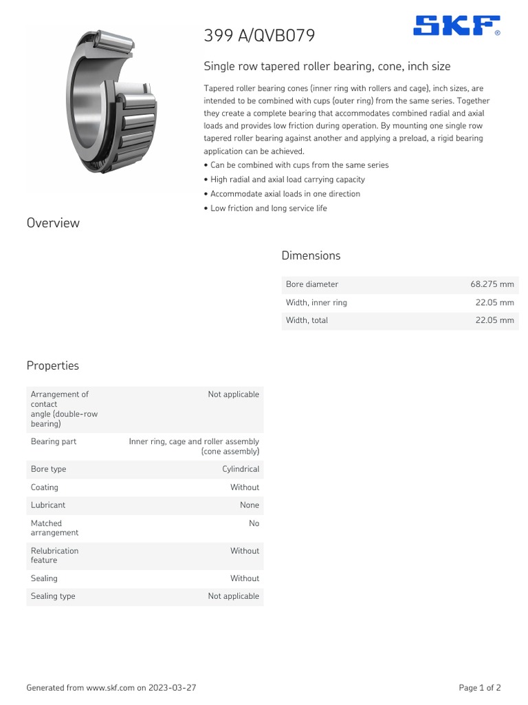 SKF 399 A - QVB079 Specification | PDF | License | Bearing (Mechanical)