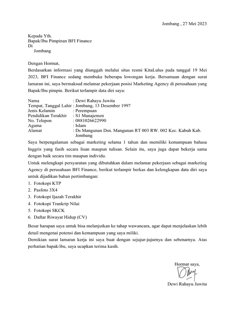 Lamaran Kerja Marketing Agency BFI Finance | PDF